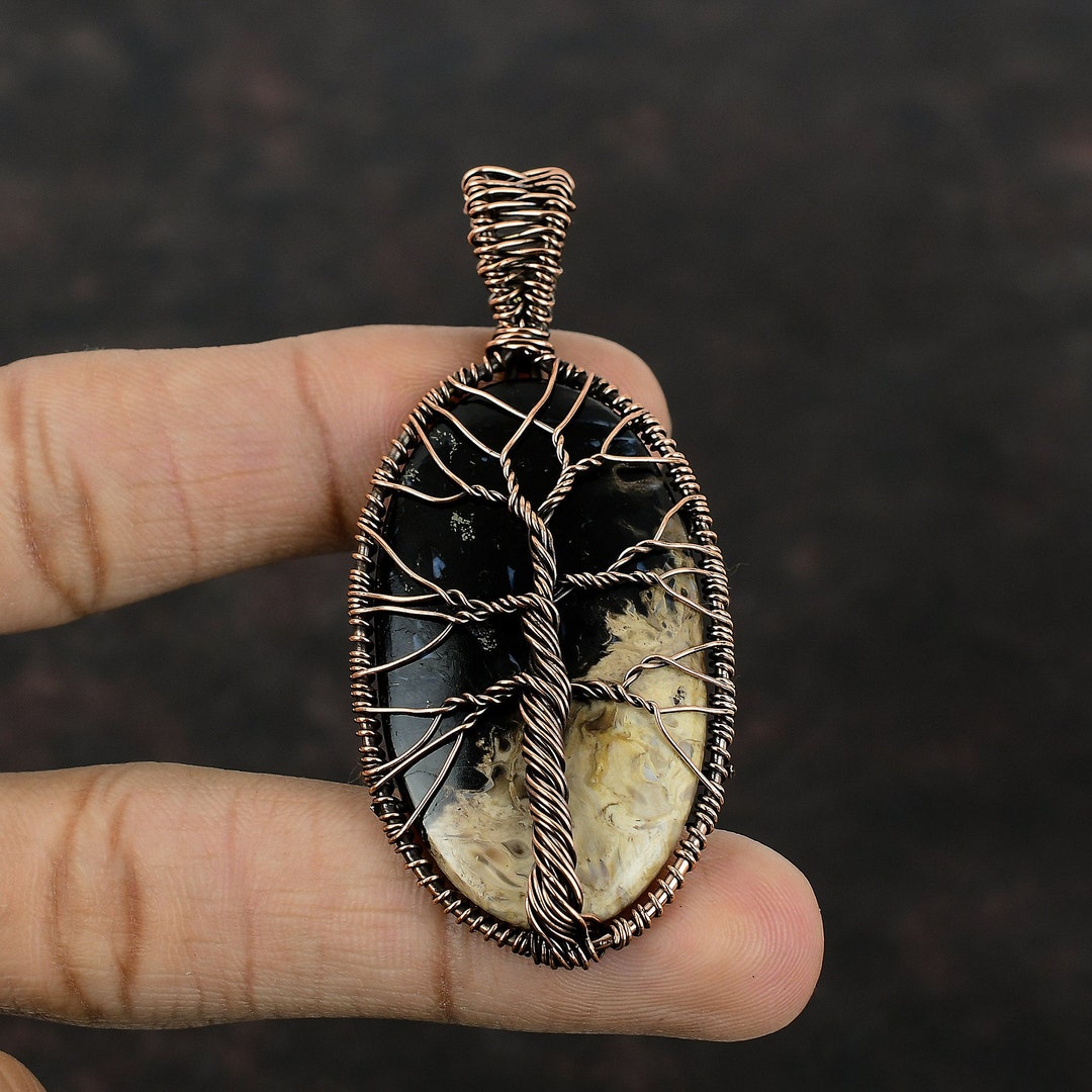 Tree of Life Palm Root Agate Pendant Copper Wire Wrapped Gemstone ...