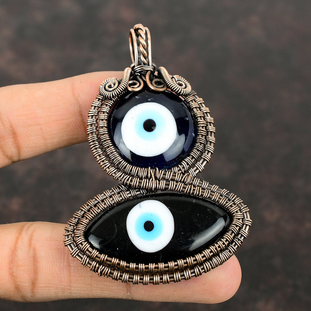 Black & Blue Color Evil Eye Pendant Copper Wire Wrapped Jewelry Evil ...