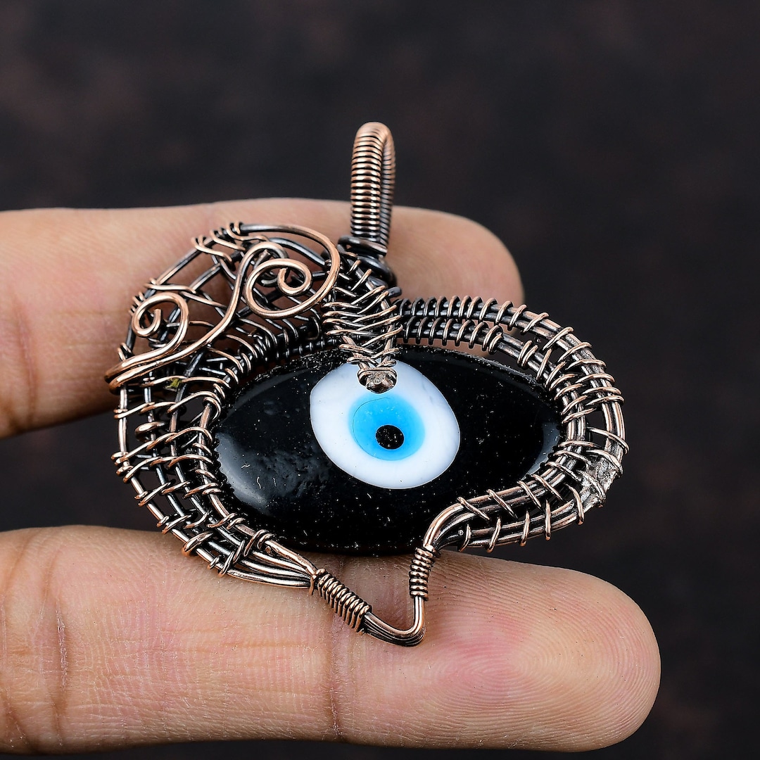 Black Color Evil Eye Pendant Copper Wire Wrapped Gemstone Pendant ...