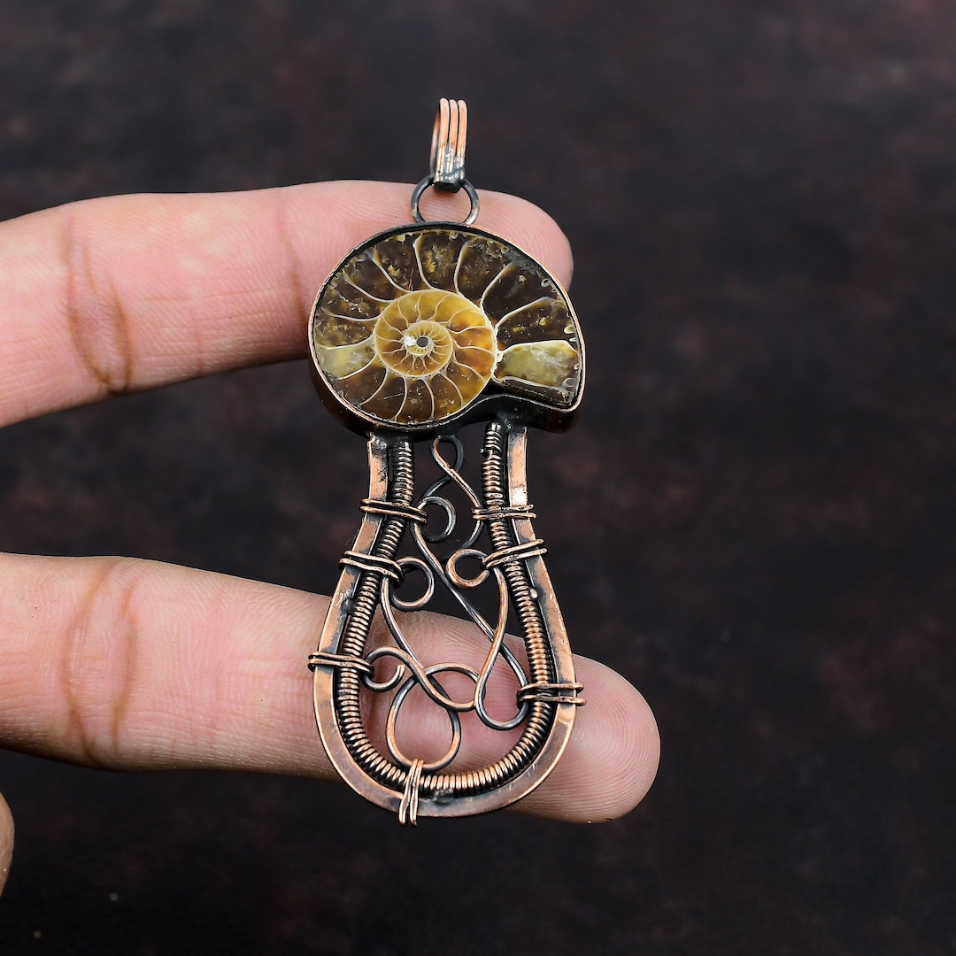 Ammonite Fossil Pendant Copper Wire Wrapped Pendant Gemstone Jewelry ...