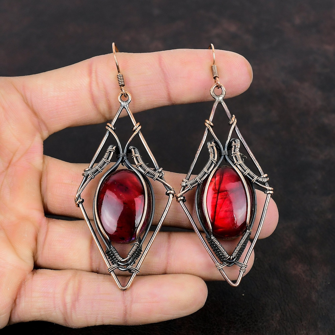 Red Fire Labradorite Earring Copper Wire Wrapped Gemstone Earring ...