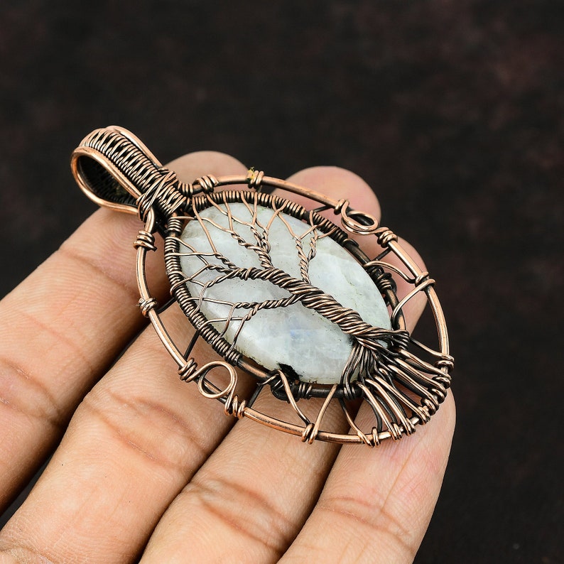 Tree of Life Rainbow Moonstone Pendant Copper Wire Wrapped Gemstone ...