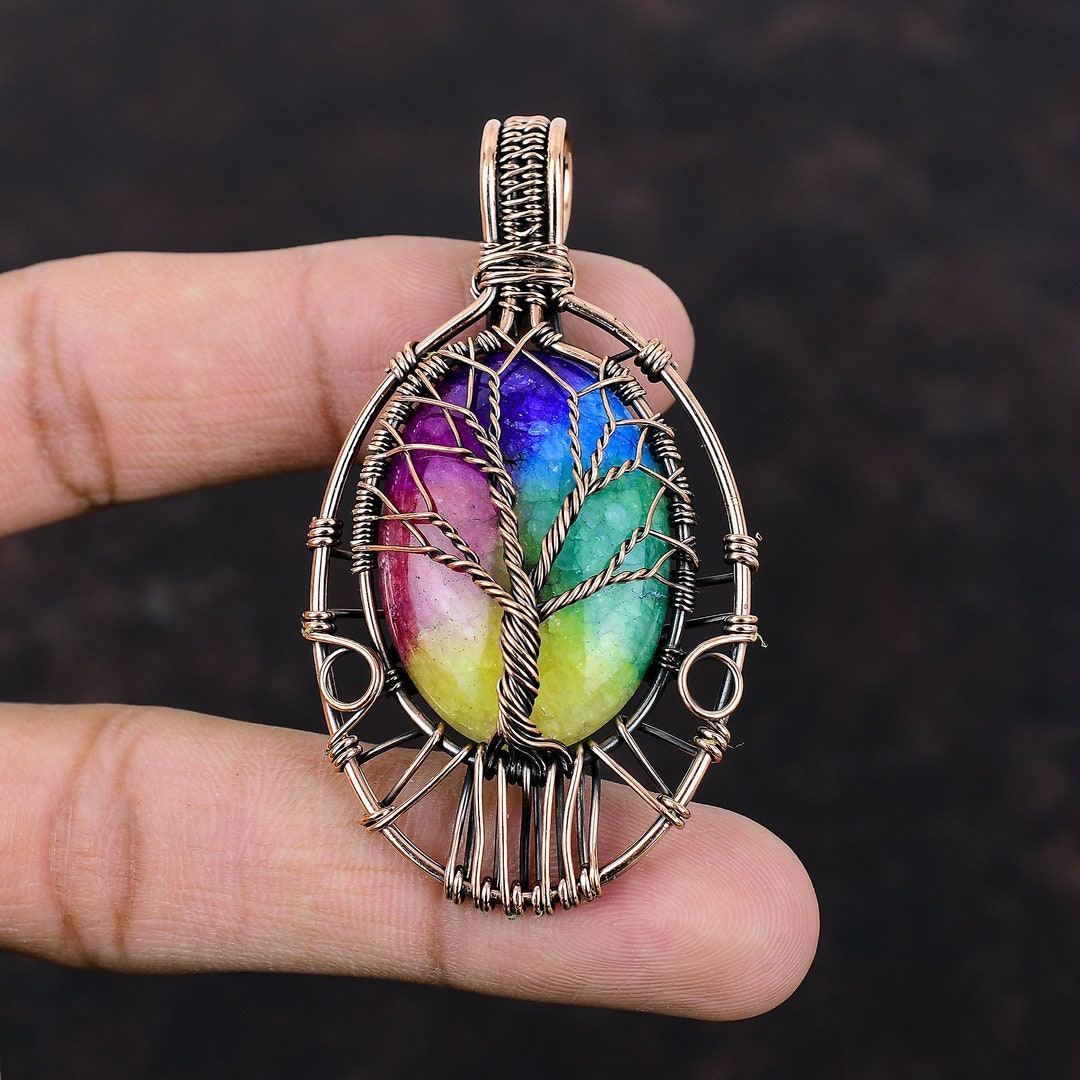 Tree of Life Rainbow Solar Quartz Druzy Pendant Copper Wire Wrapped ...