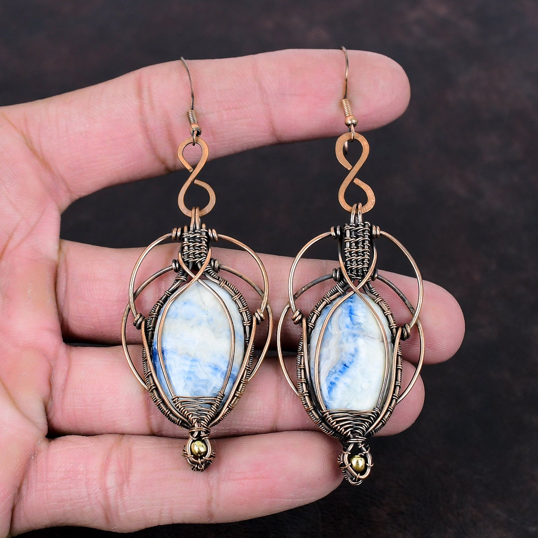 Blue Scheelite Earring Copper Wire Wrapped Earrings Original Gemstone ...