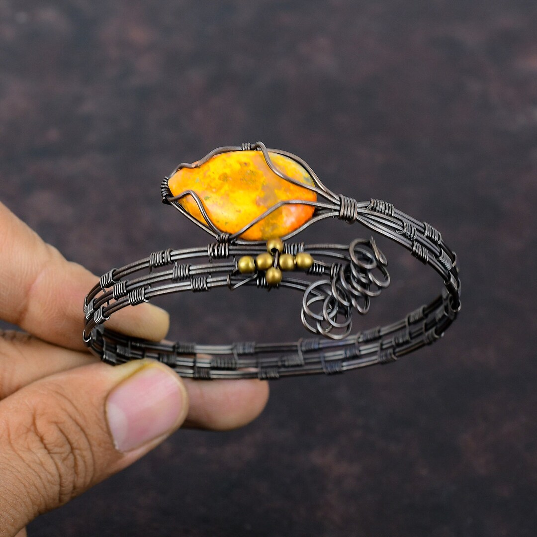 Bumble Bee Jasper Bangle Copper Wire Wrapped Cuff Bracelet Handmade ...
