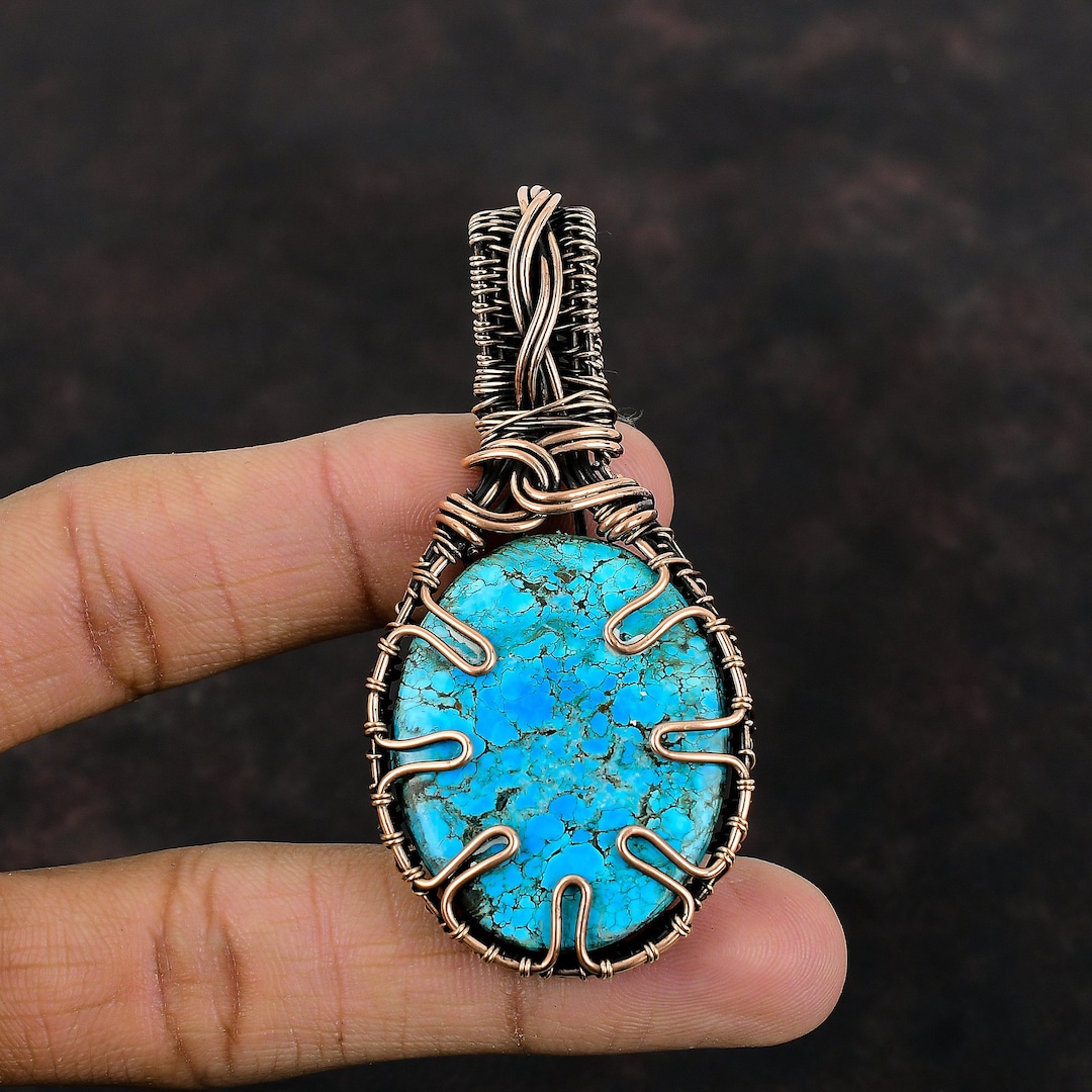 Tibetan Turquoise Copper Pendant Wire Wrapped Gemstone Pendant Handmade ...