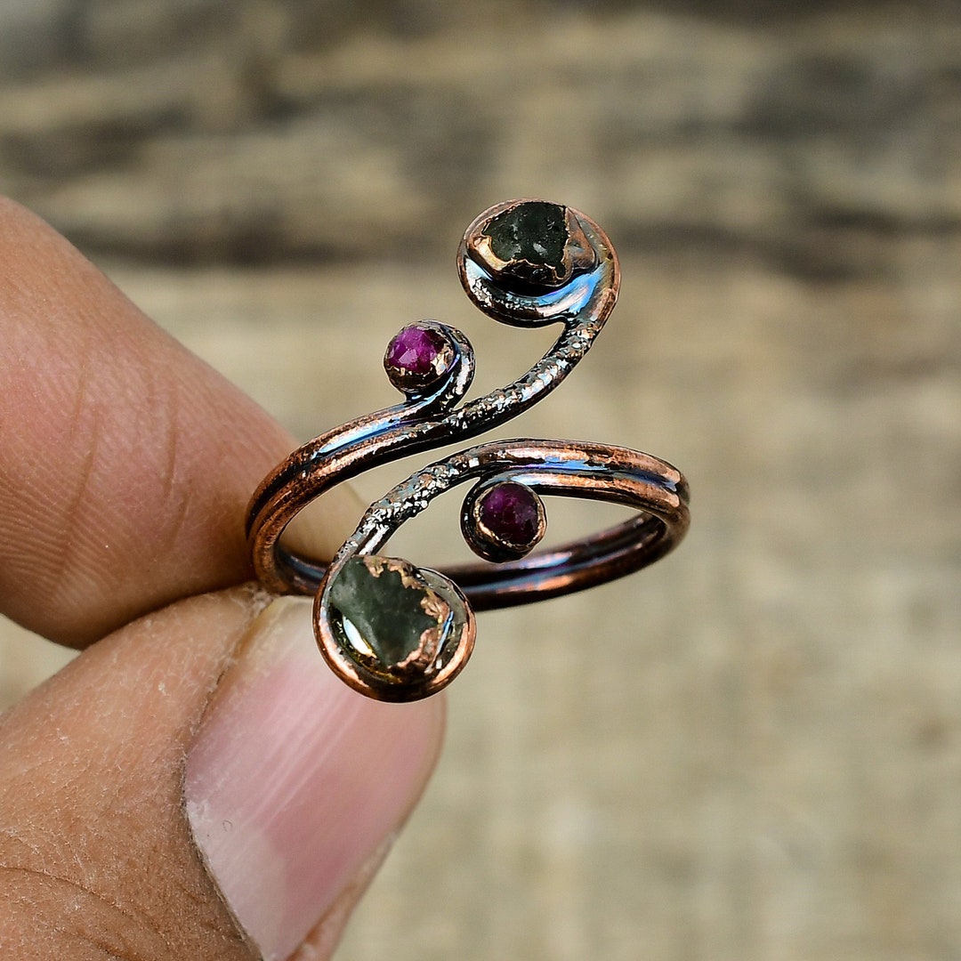 Multi Tourmaline Rough Ring Electroformed Copper Ring Handmade Adjustable Ring Copper Jewelry ...