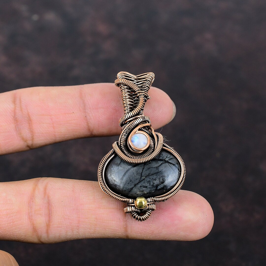 Picasso Jasper Pendant Copper Wire Wrapped Pendant Rainbow Moonstone ...