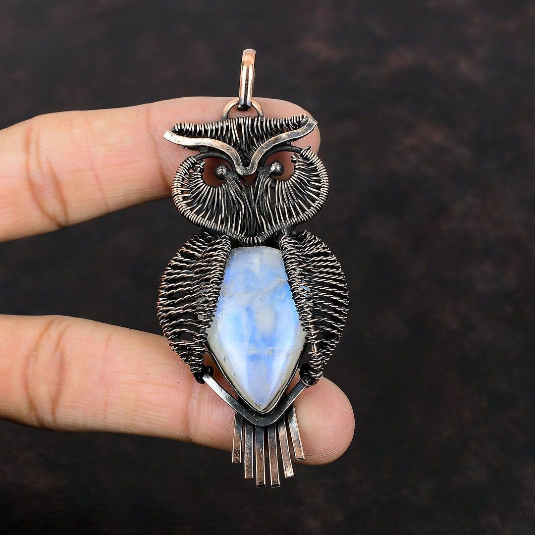 Rainbow Moonstone Pendant Copper Wire Wrapped Owl Pendant Handmade ...