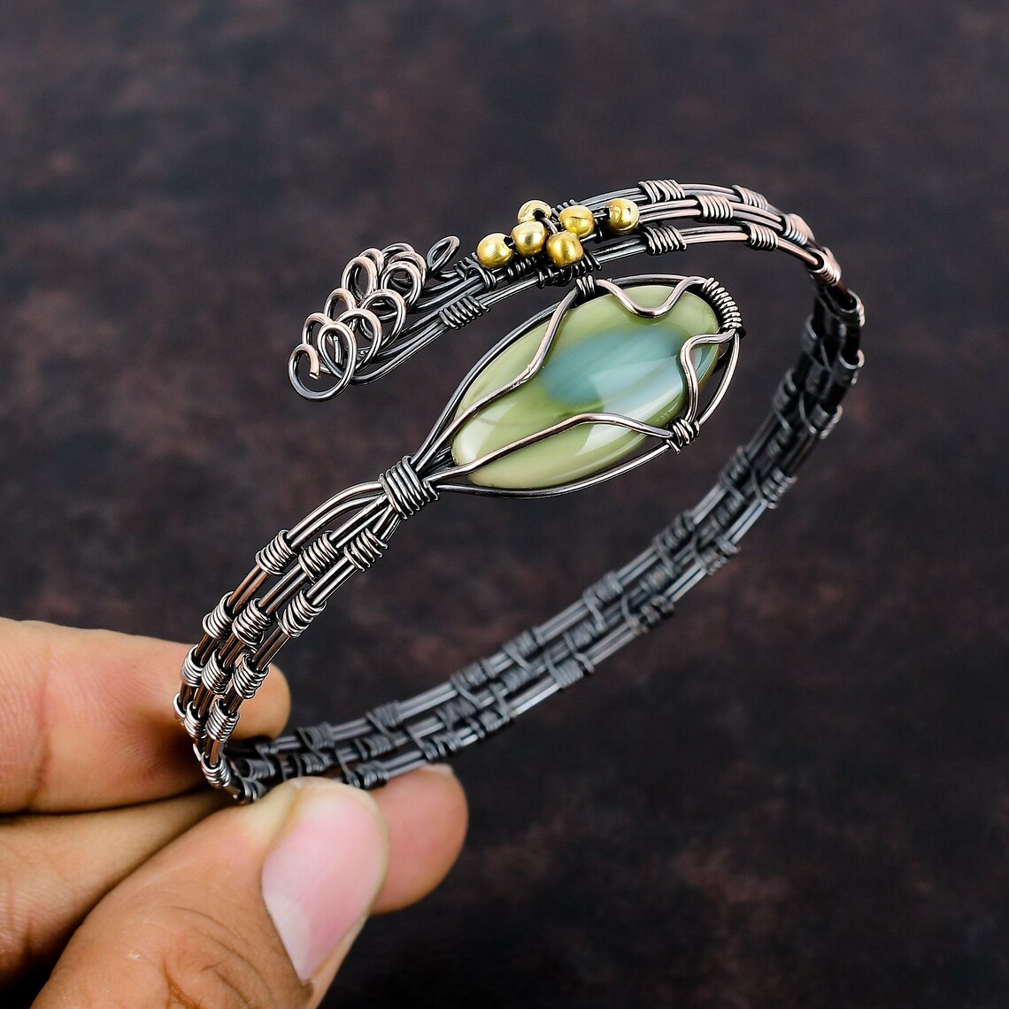 Imperial Jasper Cuff Bracelet Copper Wire Wrapped Bangle Adjustable ...