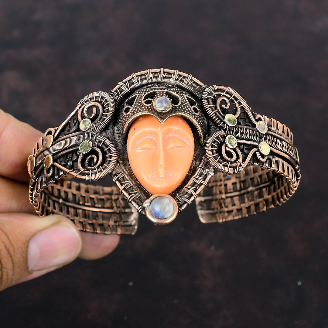 Orange Carved Bone Face Cuff Bracelet Copper Wire Wrapped Gemstone ...