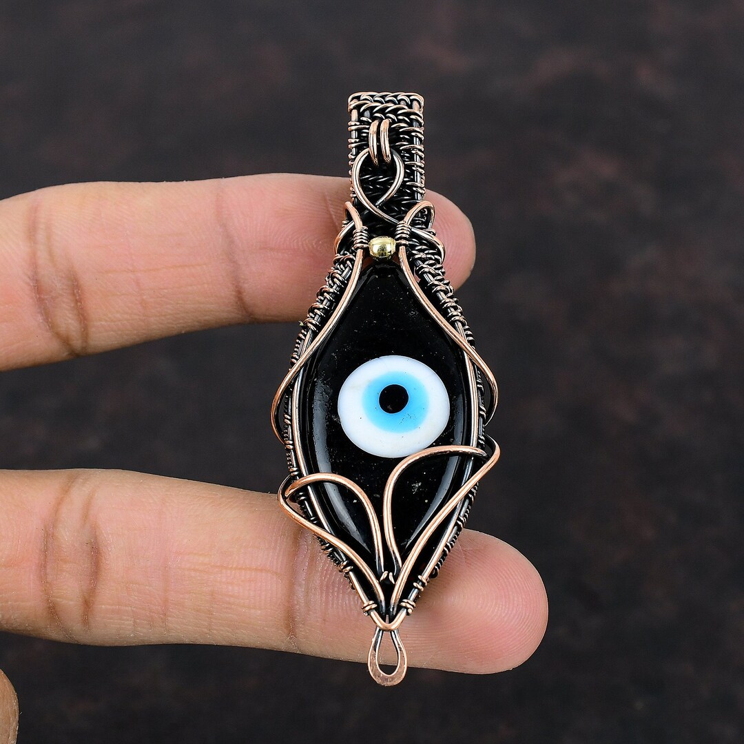 Black Color Evil Eye Pendant Copper Wire Wrapped Pendant Evil Eye ...
