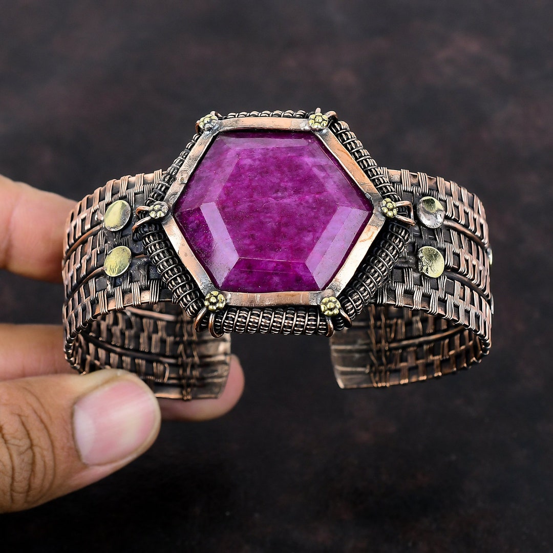Faceted Kashmir Ruby Cuff Bracelet Copper Wire Wrapped Bangle Handmade ...