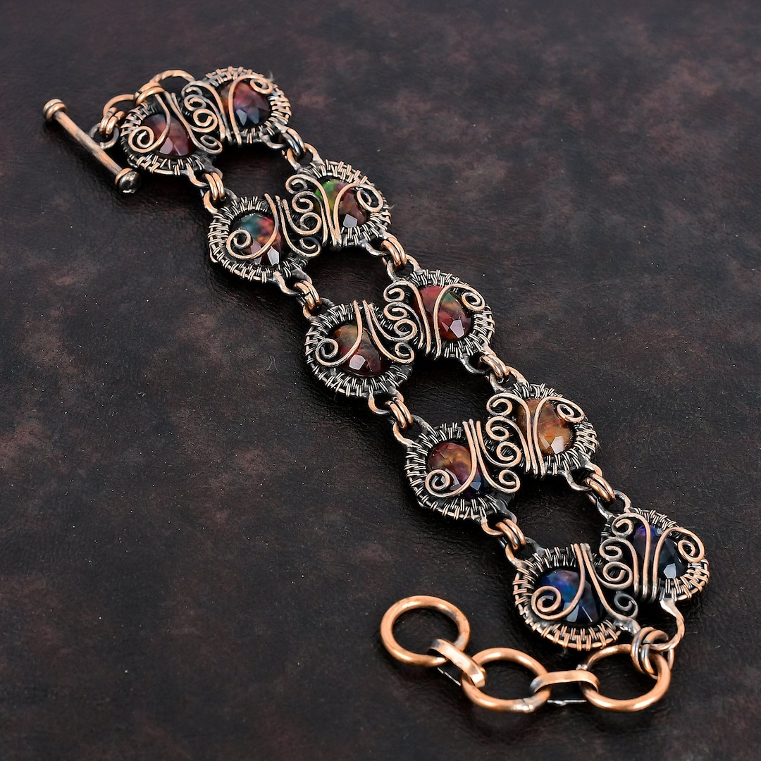 Faceted Ammolite Bracelet Copper Wire Wrapped Bracelet Adjustable Chain ...