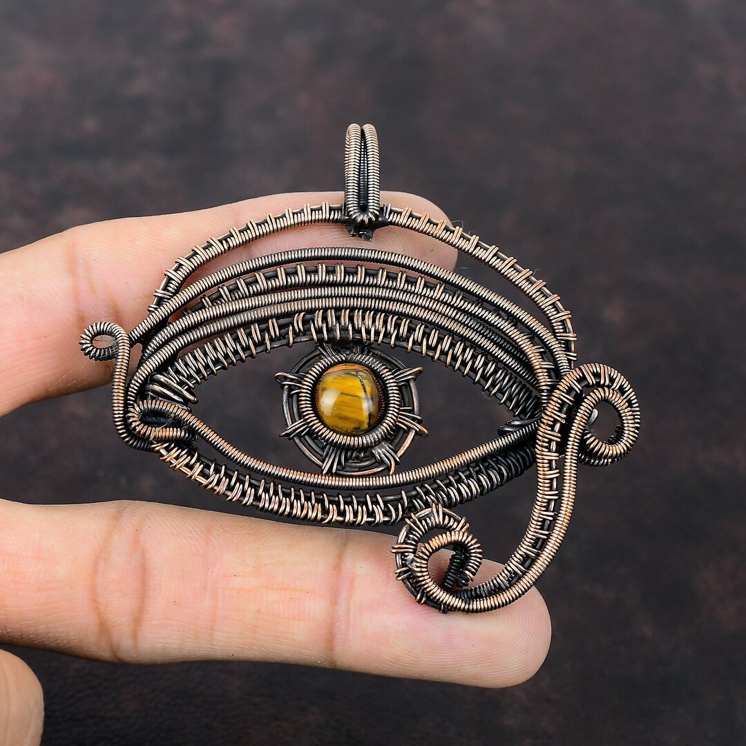 Evil Eye Tiger's Eye Pendant Copper Wire Wrapped Pendant Evil Eye ...