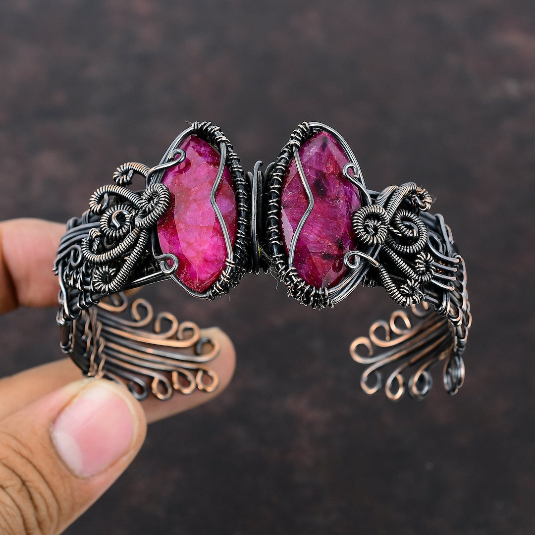 Faceted Kashmir Ruby Bangle Copper Wire Wrapped Cuff Bracelet Adjustable Bangle Handmade ...