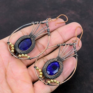 Faceted Blue Sapphire Earring Copper Wire Wrapped Earring Handmade Earring Gemstone Copper Wire ...