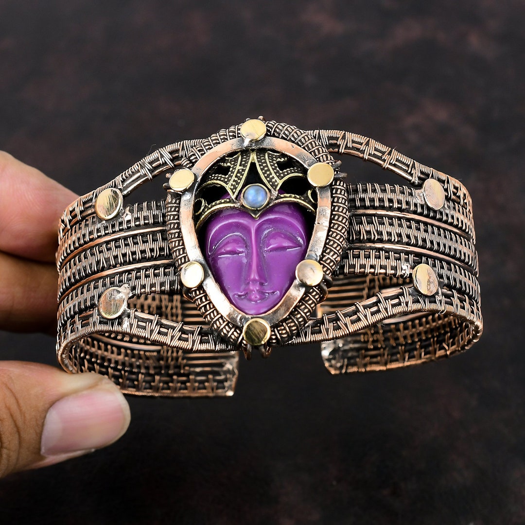 Purple Carved Bone Face Bangle Copper Wire Wrapped Cuff Rainbow ...