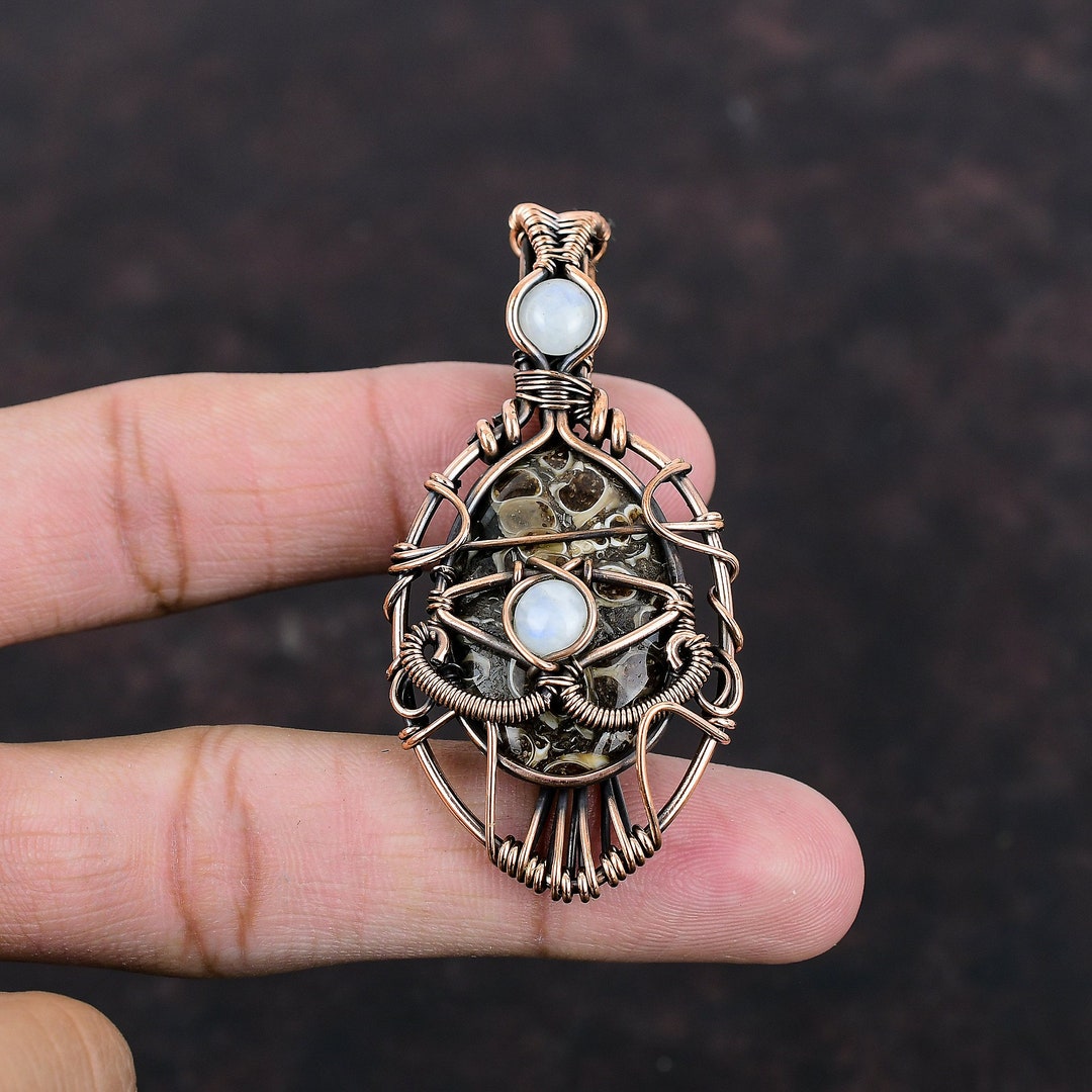 Evil Eye Turritella Agate Gemstone Pendant Copper Wire Wrapped Pendant ...