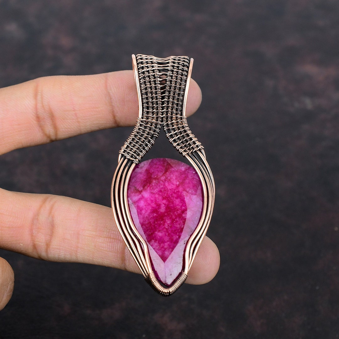 Faceted Kashmir Ruby Pendant Copper Wire Wrapped Pendant Genuine ...