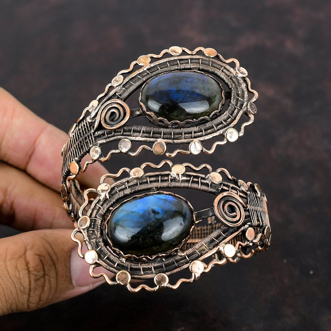 Labradorite Bangle Copper Wire Wrapped Cuff Bracelet Adjustable ...