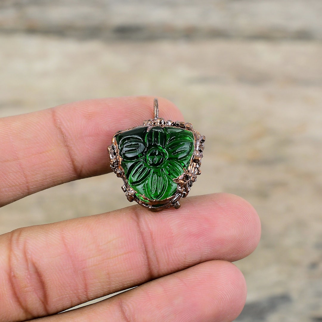 Carved Chrome Diopside Pendant Electroformed Copper Pendant Gemstone ...