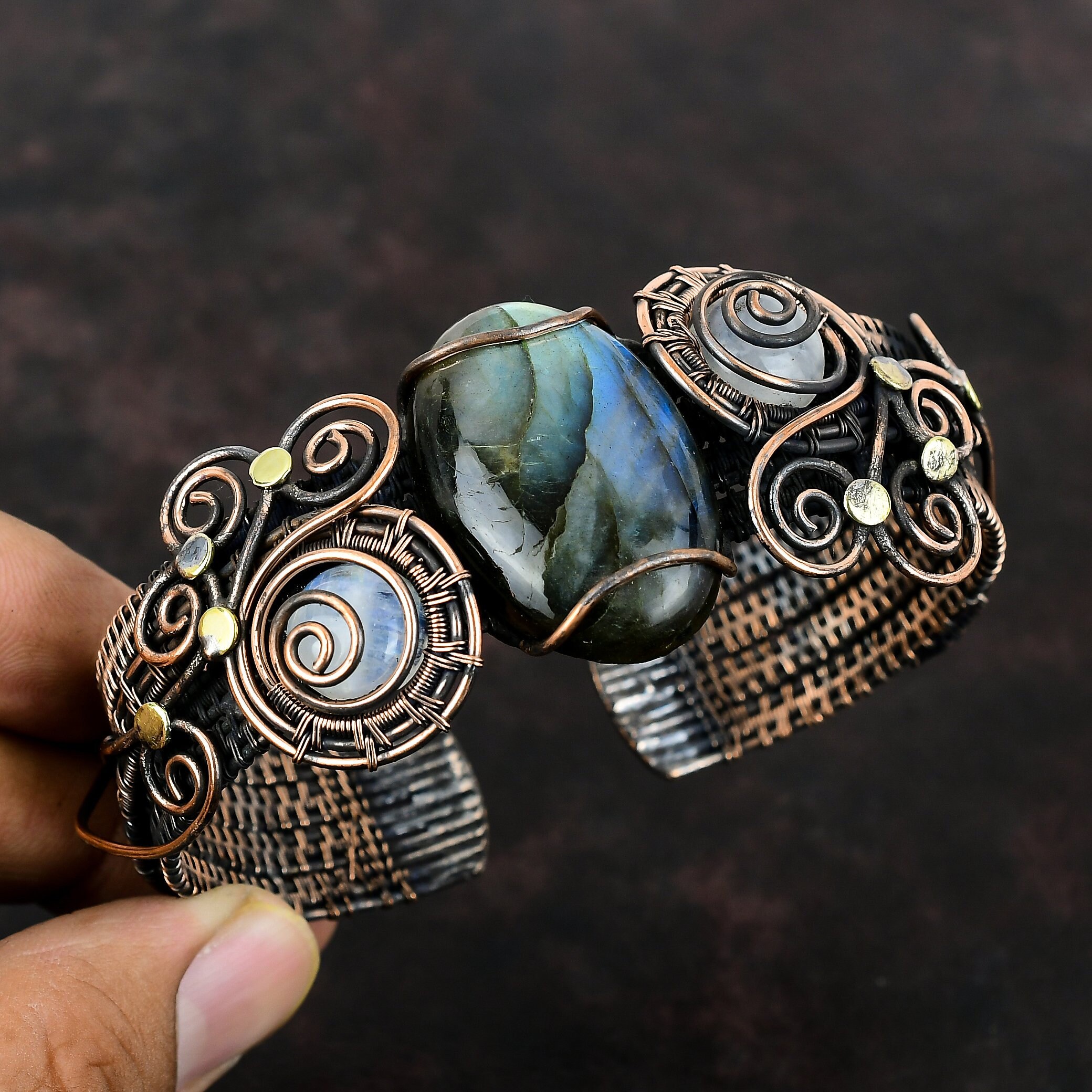 Labradorite Cuff Bracelet Copper Wire Wrapped Bangle Rainbow Moonstone ...