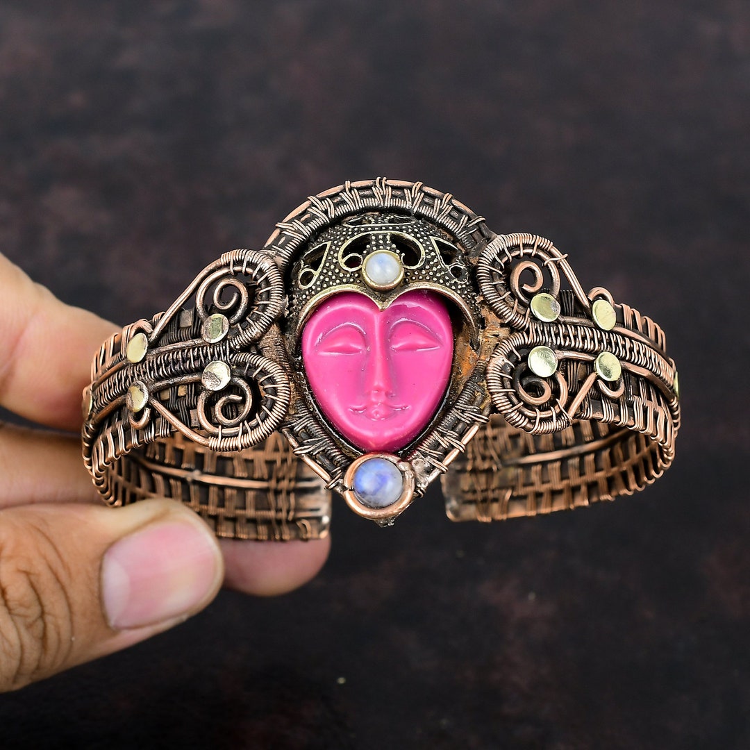 Pink Carved Bone Face Bangle Copper Wire Wrapped Bangle Gemstone Cuff ...