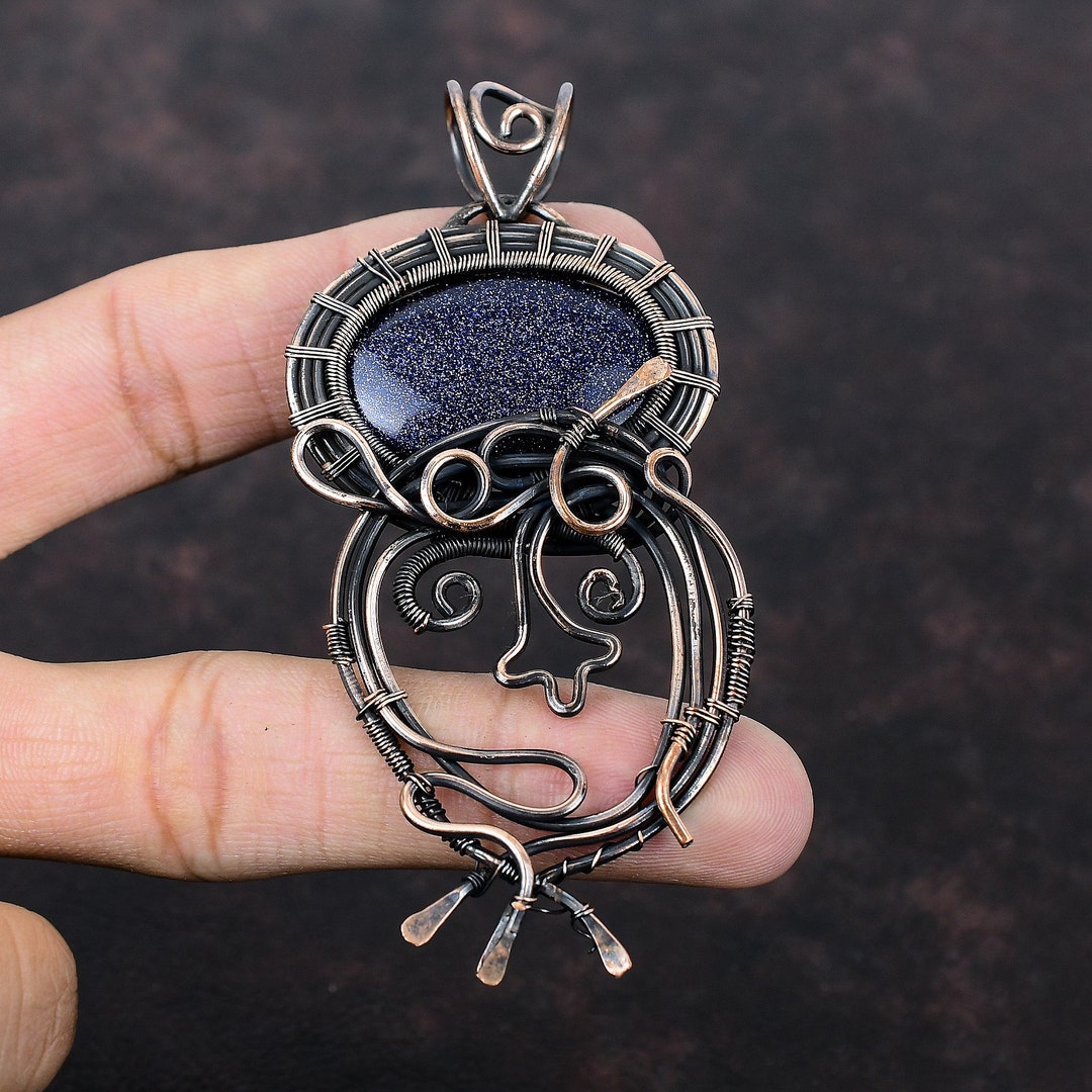 Blue Sunstone Pendant Copper Wire Wrapped Jewelry Gemstone Pendant ...