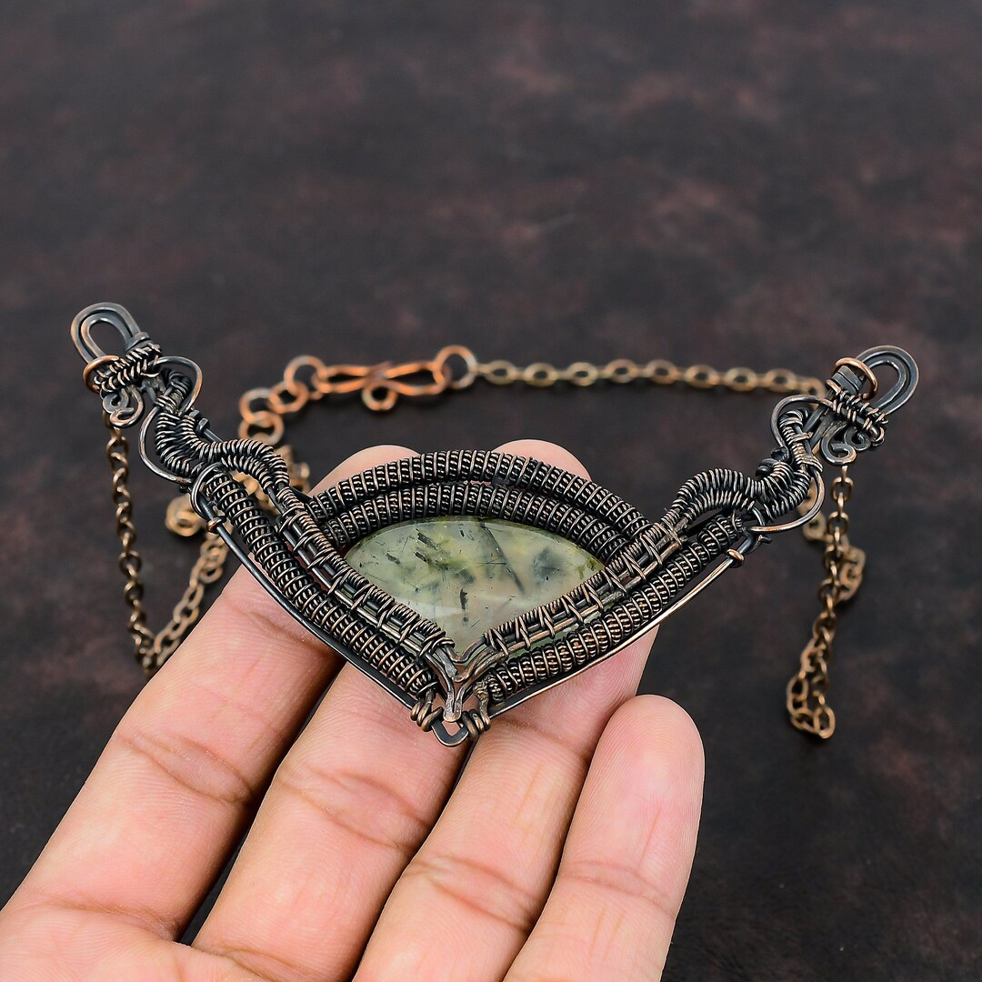 Moss Prehnite Necklace Copper Wire Wrapped Necklace Handmade Adjustable ...