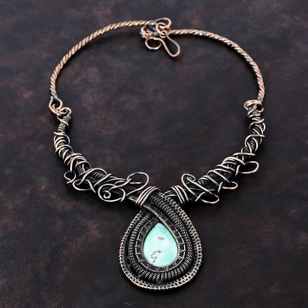 Variscite Necklace Copper Wire Wrapped Necklace Adjustable Necklace ...