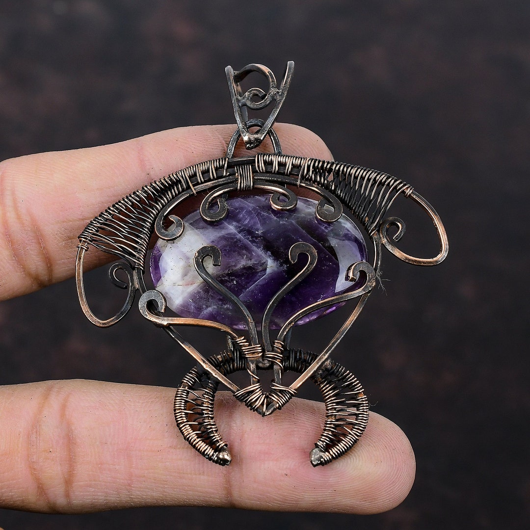 Chevron Amethyst Pendant Copper Wire Wrapped Pendant Handmade Pendant ...