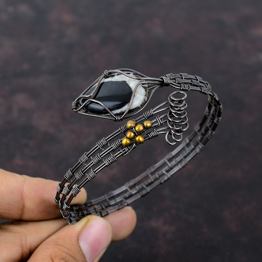 Moroccan Mud Crack Fossil Cuff Bracelet Copper Wire Wrapped Adjustable ...