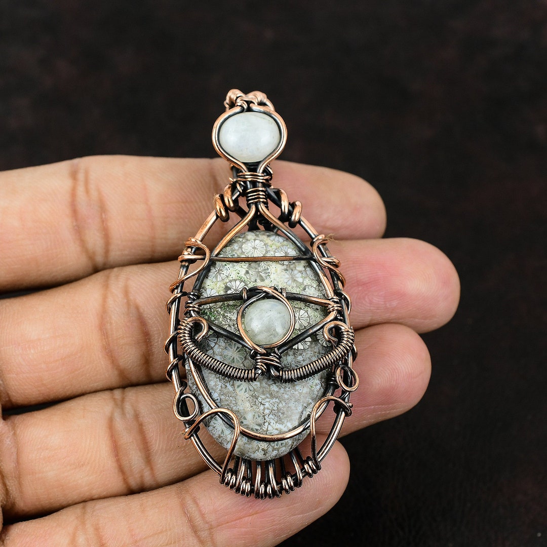 Evil Eye Fossil Coral Copper Pendant Gemstone Copper Wrapped Jewelry ...