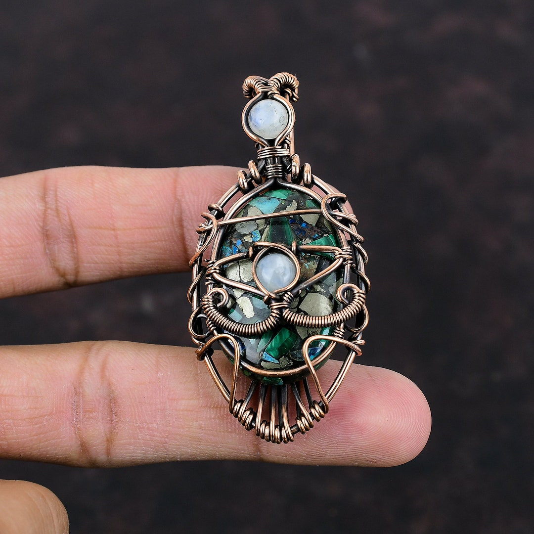 Copper Azurite Malachite Pendant Evil Eye Pendant Copper Wire Wrapped ...