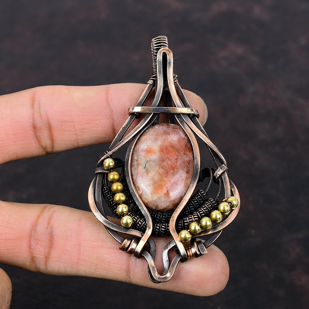 Sunstone Pendant Copper Wire Wrapped Gemstone Pendant Sunstone Jewelry ...