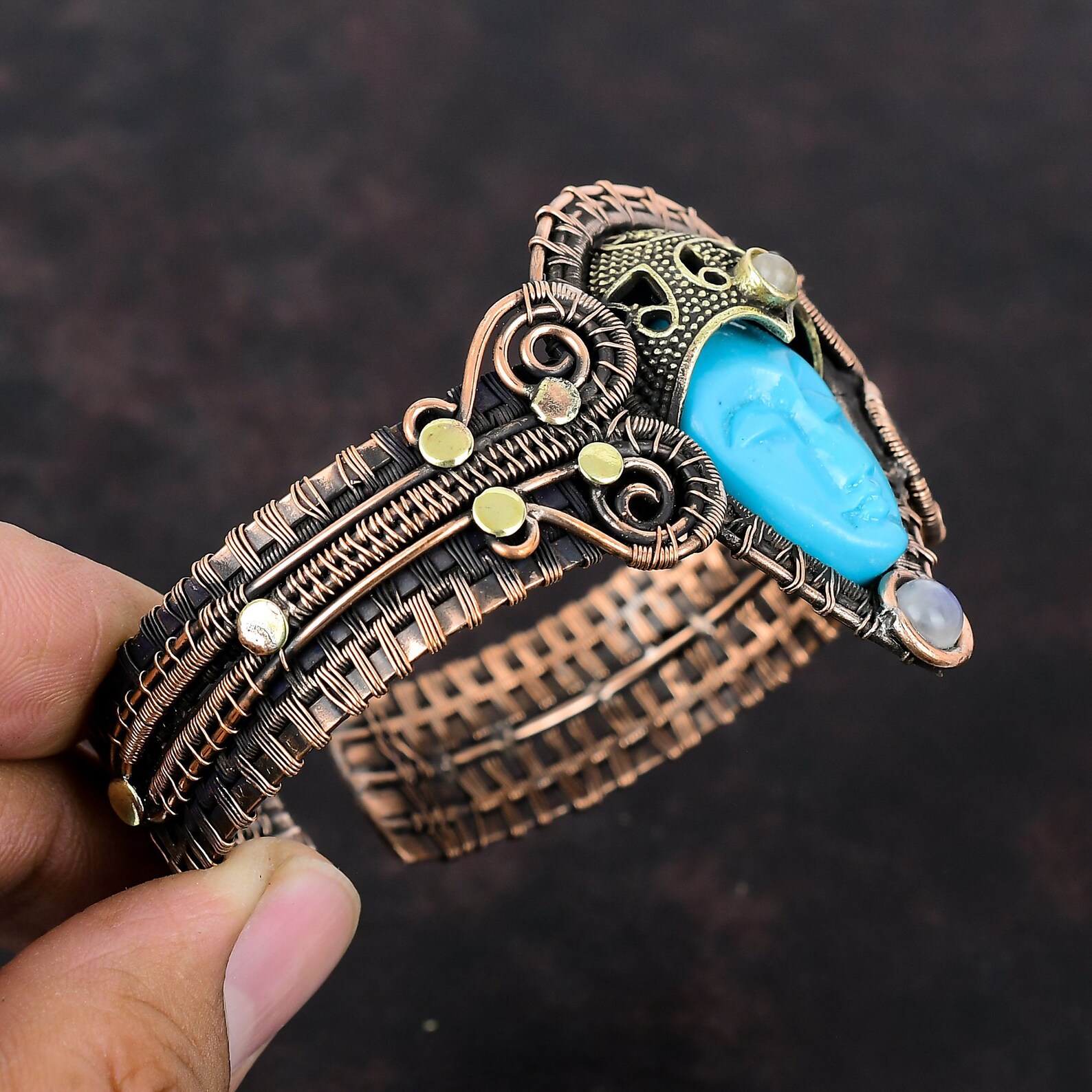 Blue Carved Bone Face Cuff Bracelet Copper Wire Wrapped Bangle ...