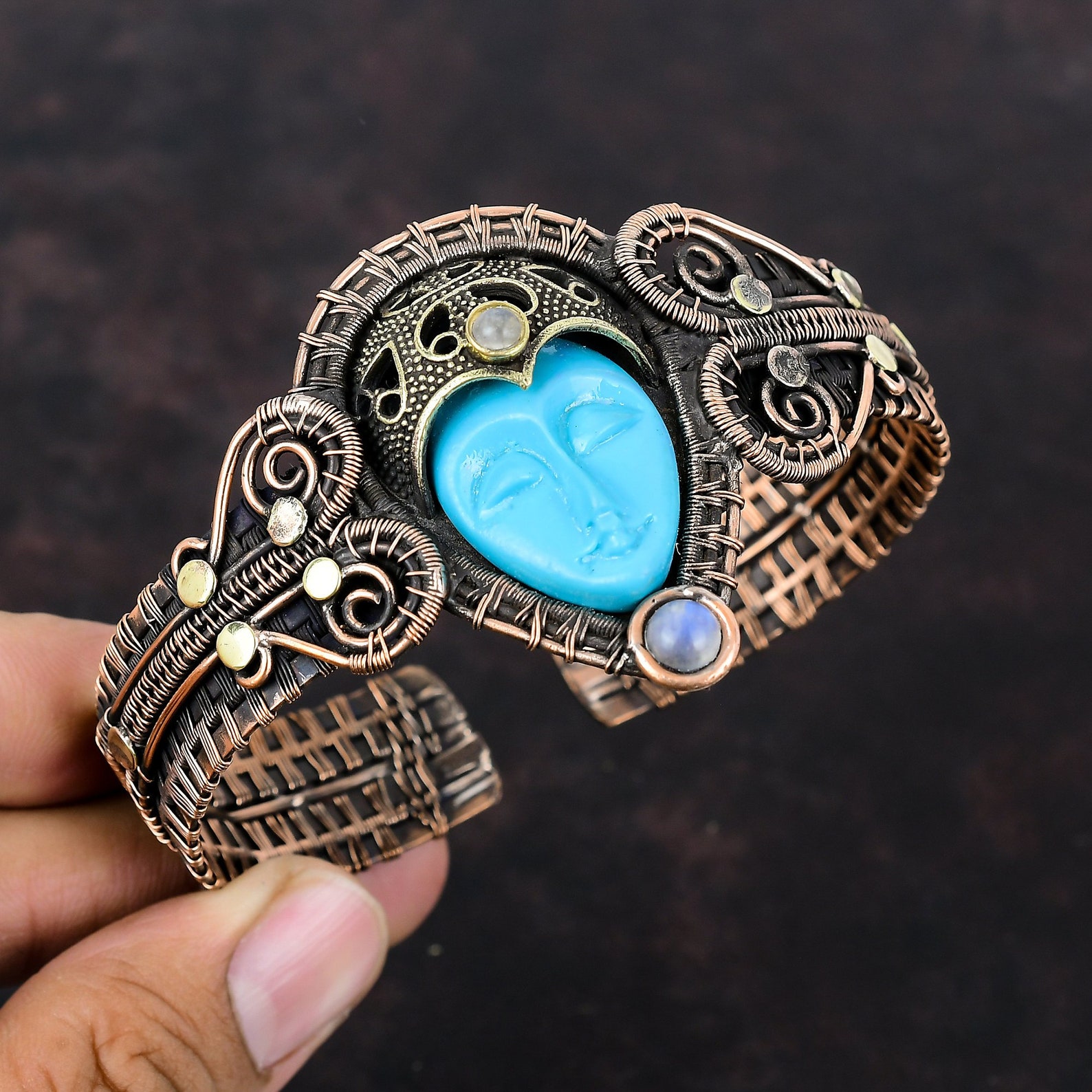 Blue Carved Bone Face Cuff Bracelet Copper Wire Wrapped Bangle ...