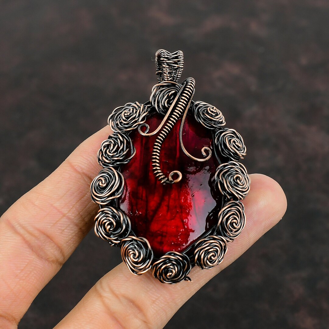 Red Fire Labradorite Pendant Copper Wire Wrapped Pendant Handmade ...