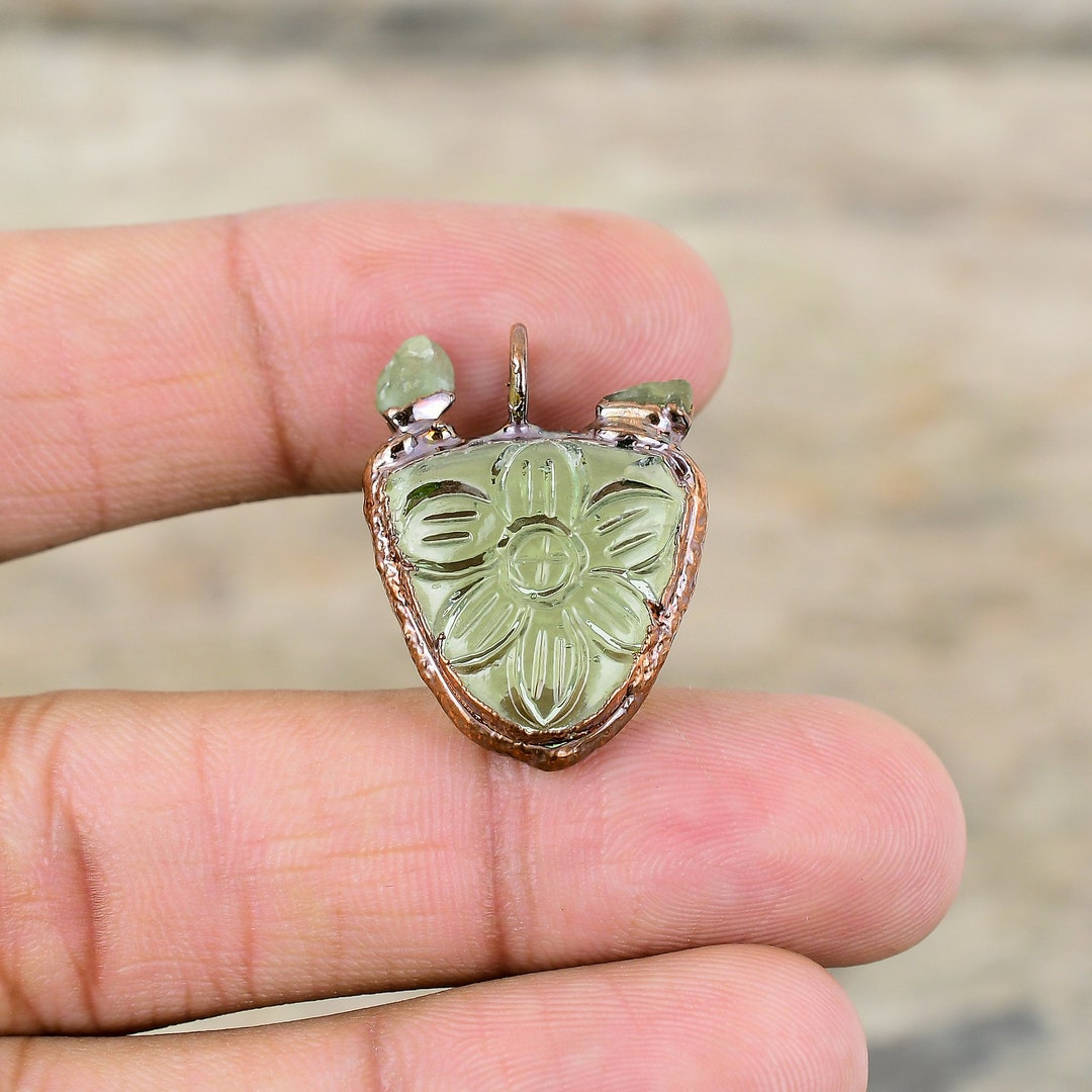 Carved Green Peridot With Peridot Rough Pendant Electroformed Copper ...