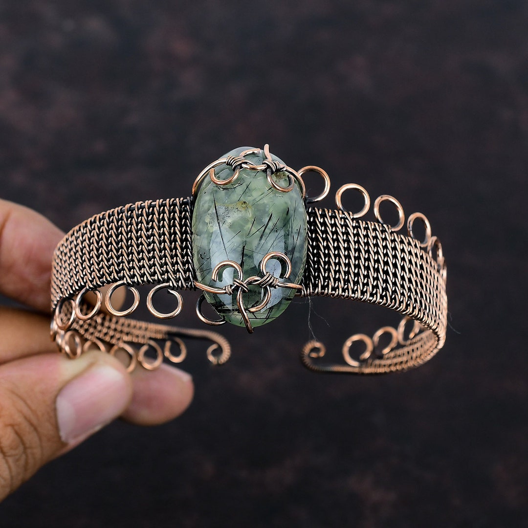 Moss Prehnite Bangle Copper Wire Wrapped Cuff Bracelet Handmade Copper ...
