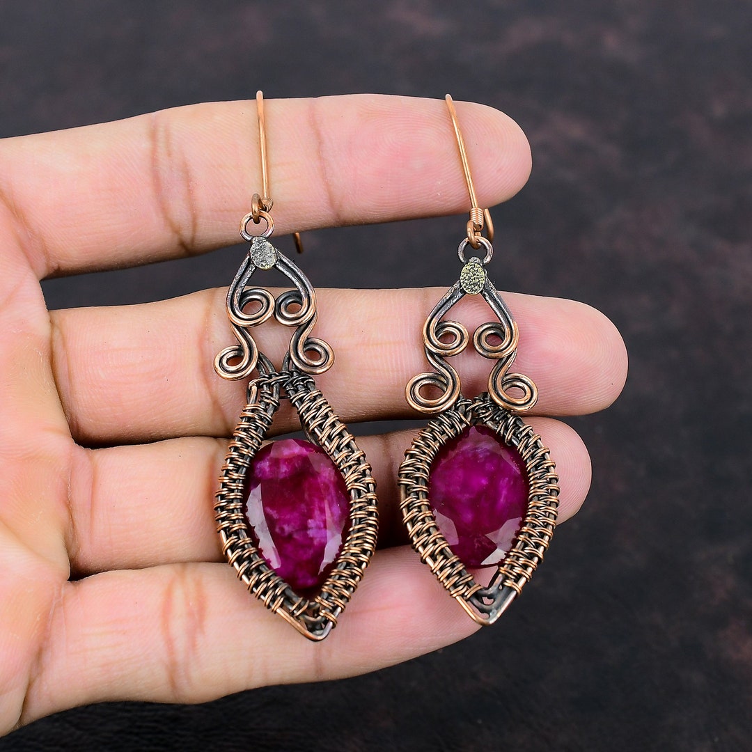 Faceted Kashmir Ruby Earring Copper Wire Wrapped Jewelry Natural ...