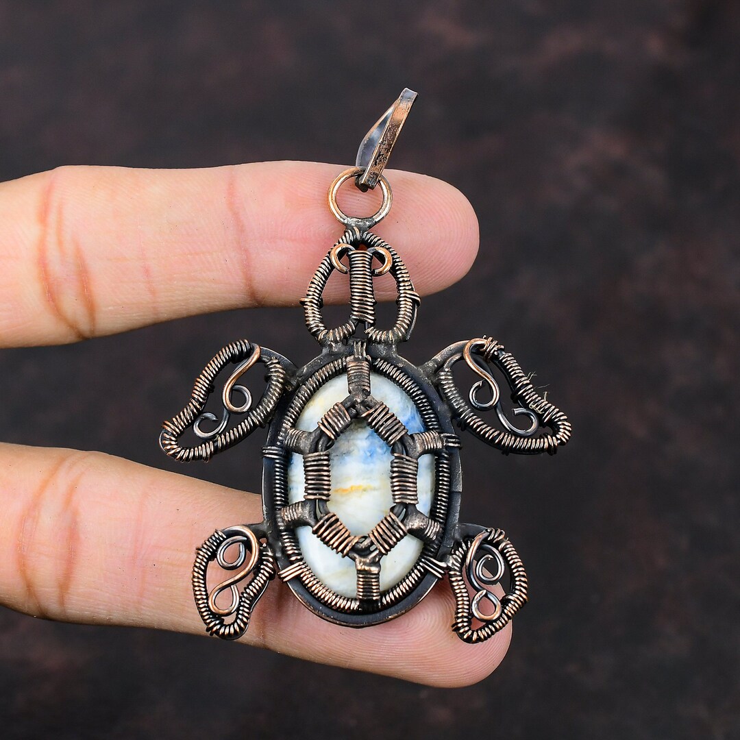 Blue Scheelite Pendant Copper Wire Wrapped Tortoise Pendant Handmade ...
