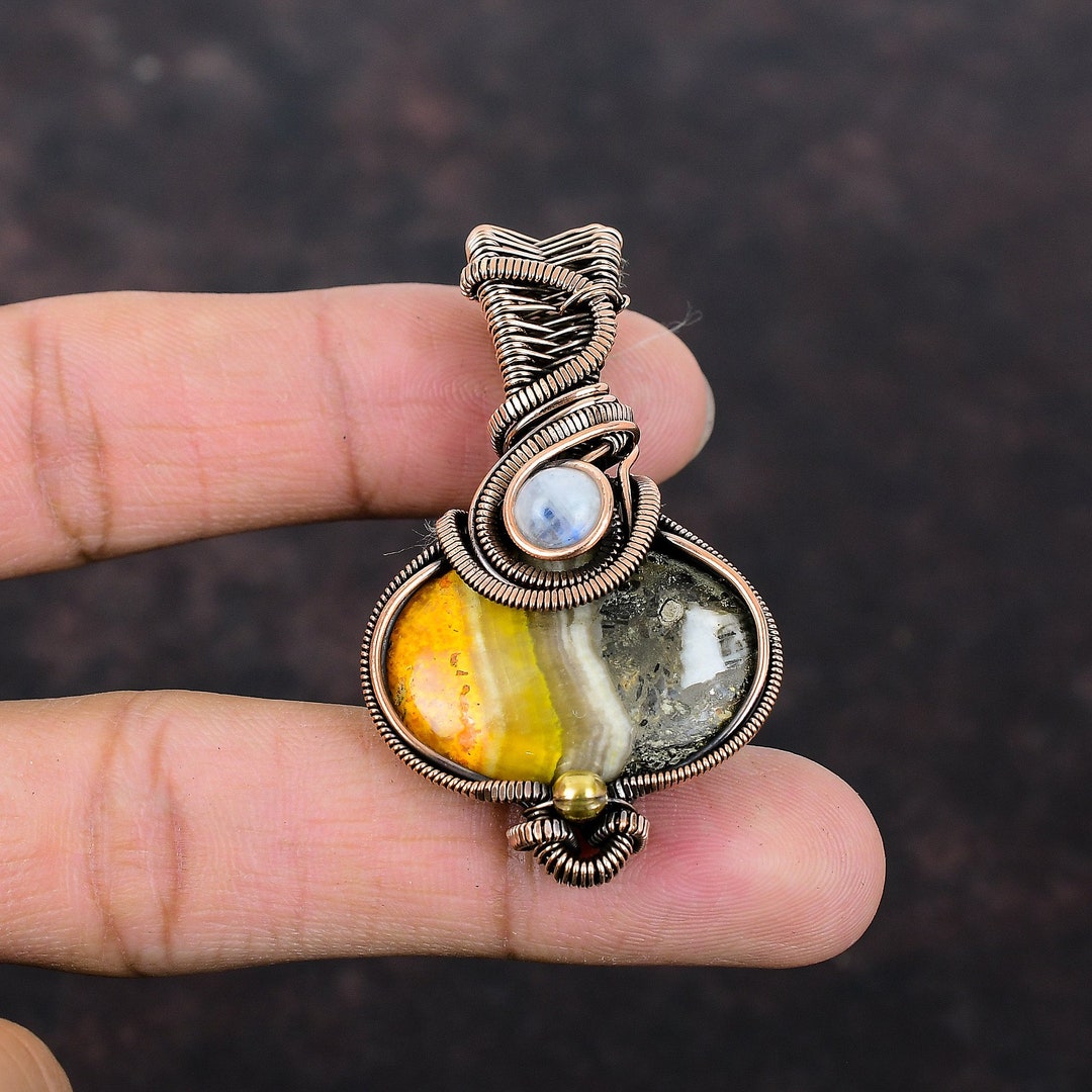Bumble Bee Jasper Copper Wire Wrapped Pendant Rainbow Moonstone Pendant ...
