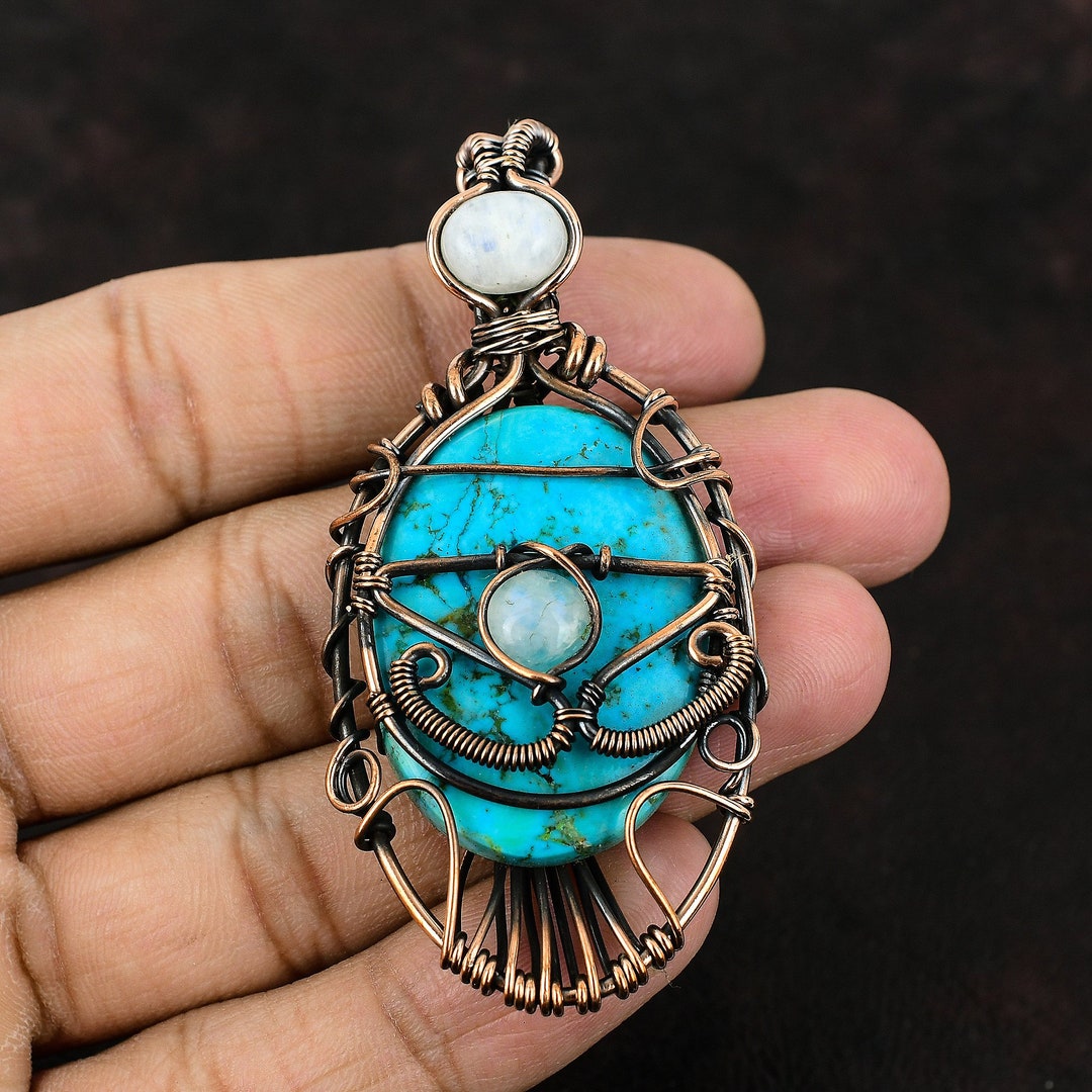 Evil Eye Turquoise Copper Pendant, Wire Wrapped Moonstone Jewelry - Etsy