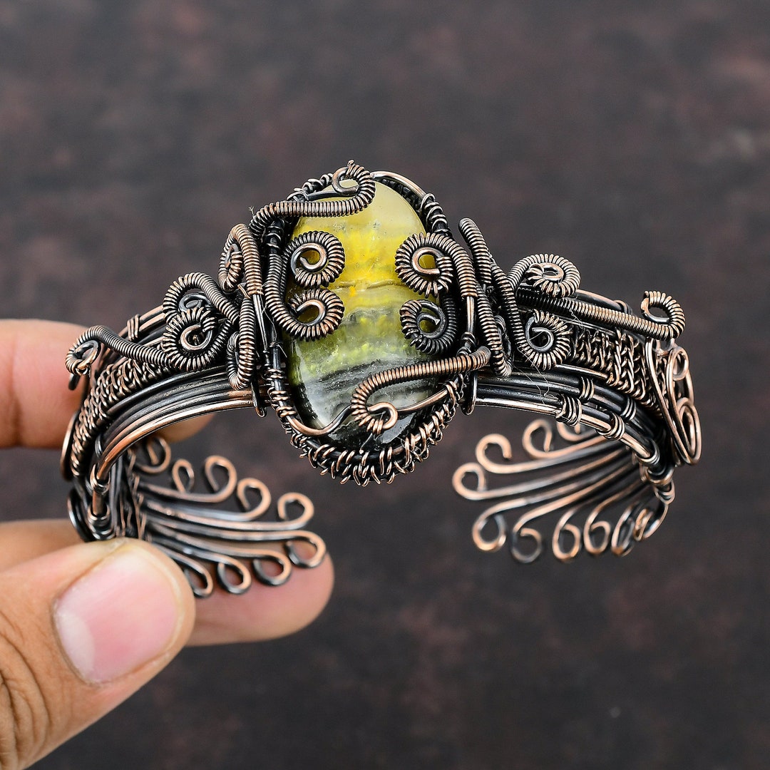 Bumble Bee Jasper Cuff Bracelet Copper Wire Wrapped Bangle Gemstone ...