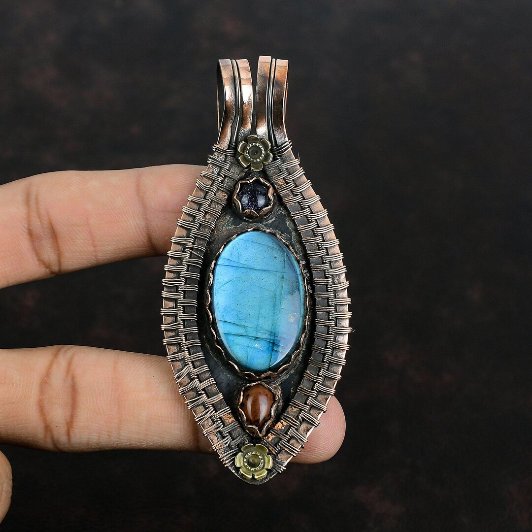 Labradorite Pendant Mahogany Obsidian and Blue Sunstone Pendant Copper ...