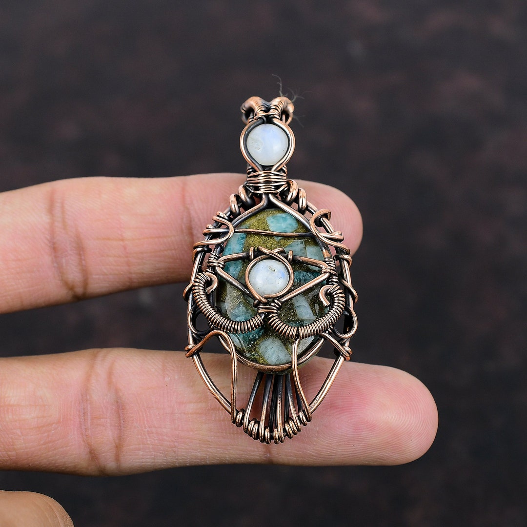 Evil Eye Copper Amazonite Pendant Copper Wire Wrapped Gemstone Pendant ...