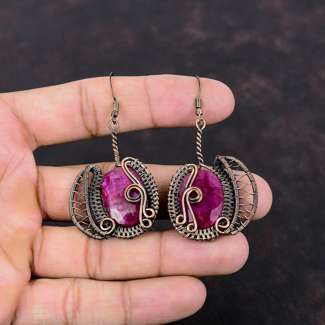 Faceted Kashmir Ruby Earring Copper Wire Wrapped Gemstone Earrings ...