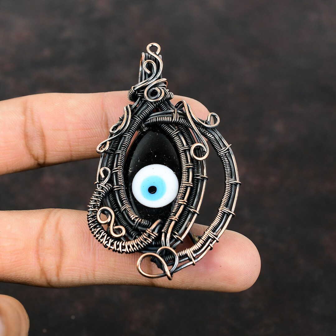 Black Color Evil Eye Pendant Copper Wire Wrapped Pendant Handmade ...